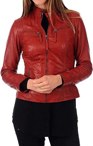 Women's Chilli Red Stylish Leather Jacket | skstoresonline.com